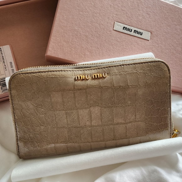 Miu Miu | Bags | Miu Miu Grey Croc Embossed Leather Zip Around Wallet ...